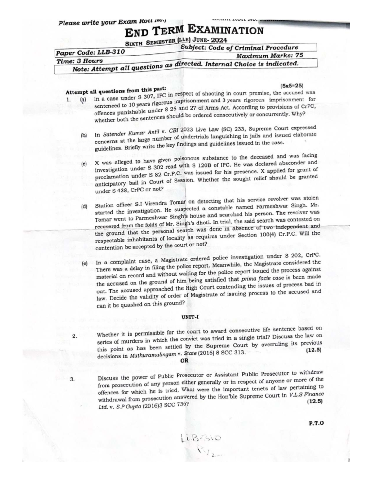 6th Semester LLB End Term Exam: CrPC Question Paper 2024 - Studocu