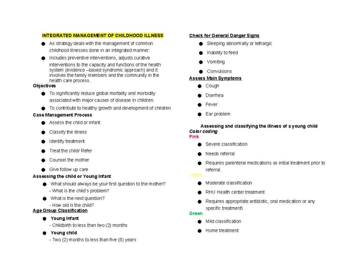 Final Exam IMCI - Lecture Notes on Childhood Illness Management - Studocu