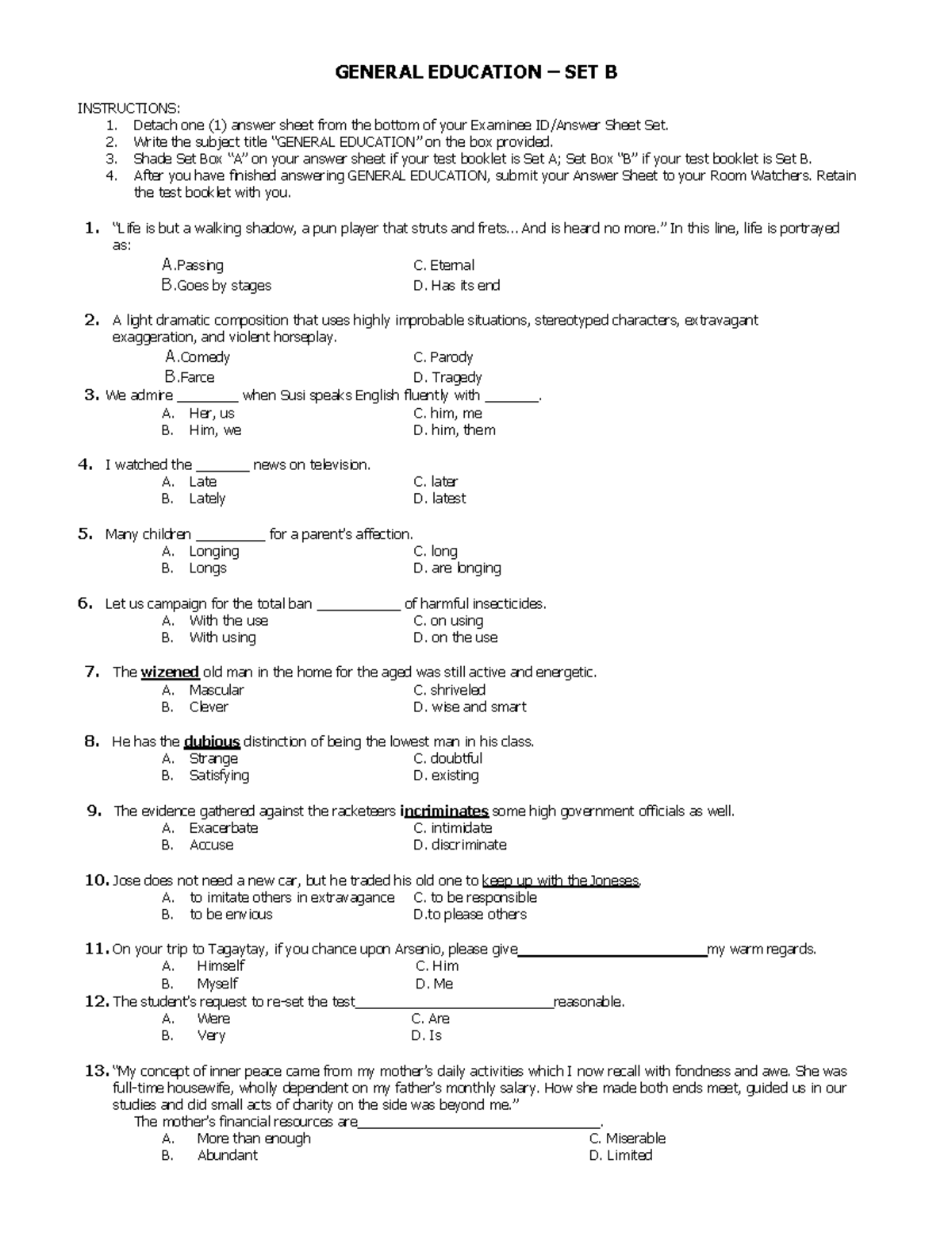 MOCK Exams GEN ED LET 2025 SET B Instructions and Questions - Studocu