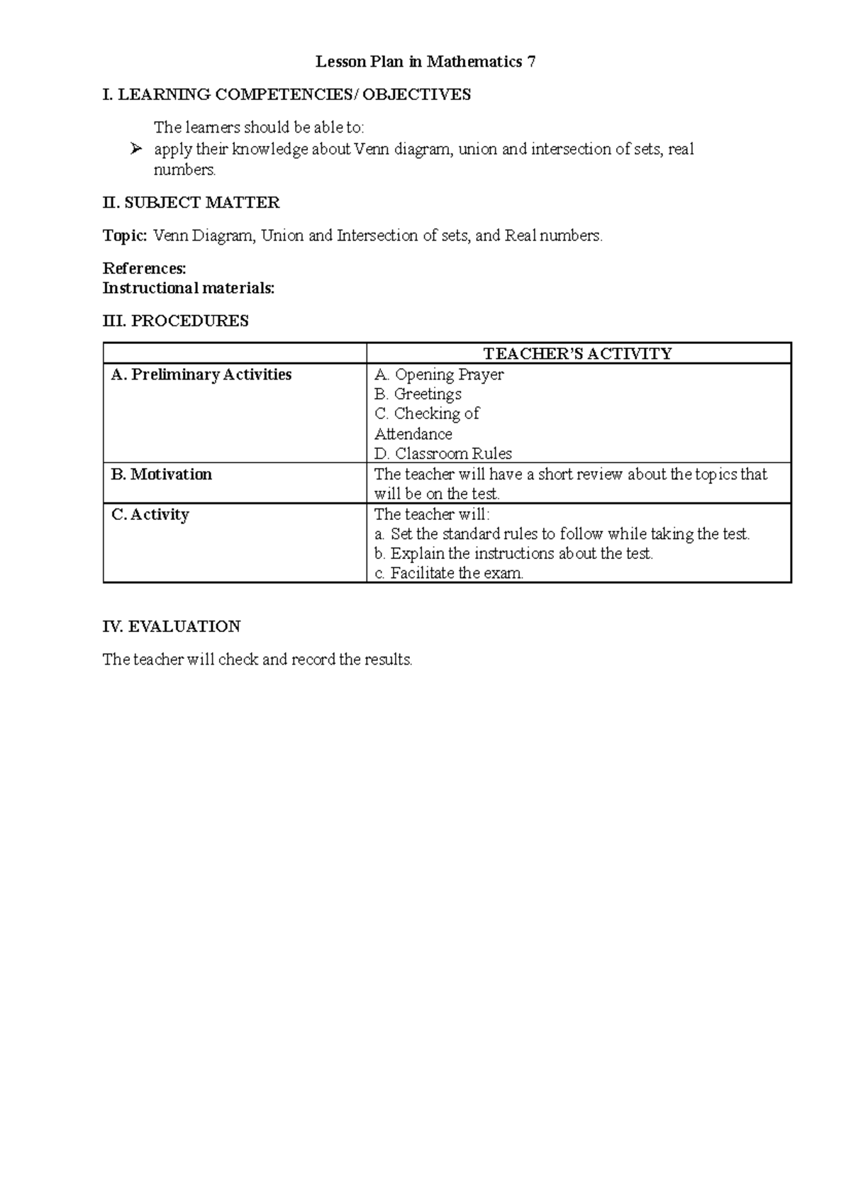 Mathematics 7 Lesson Plan: Summative Test on Venn Diagrams & Sets - Studocu