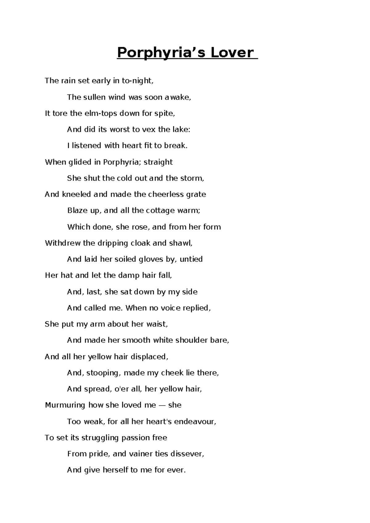 Porphyria's Lover (ENG 101) Analysis and Discussion Notes - Studocu