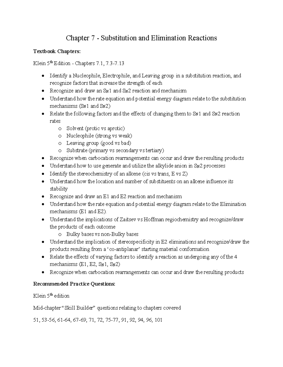 Chapter 7 Outline: Substitution & Elimination Reactions (Klein 5th Ed ...