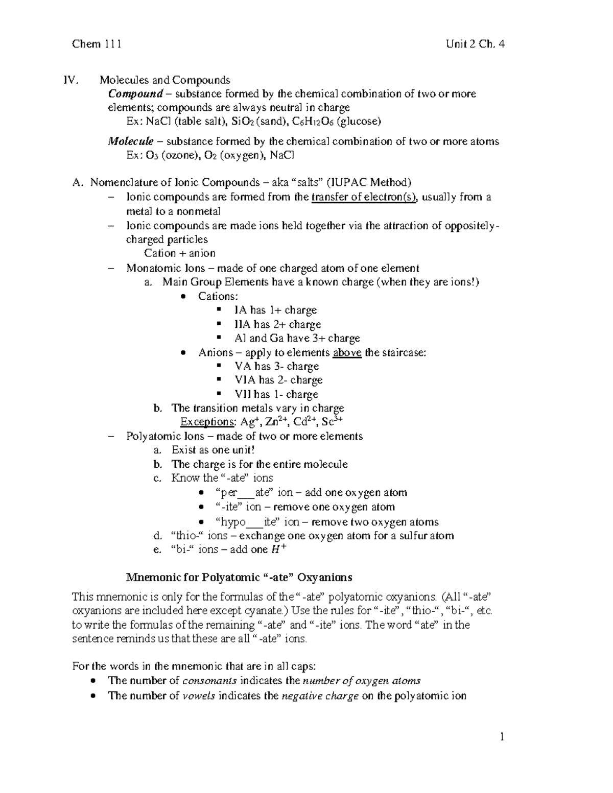 Chem 111 Unit 2 Ch. 4: Naming & Writing Formulas for Compounds - Studocu