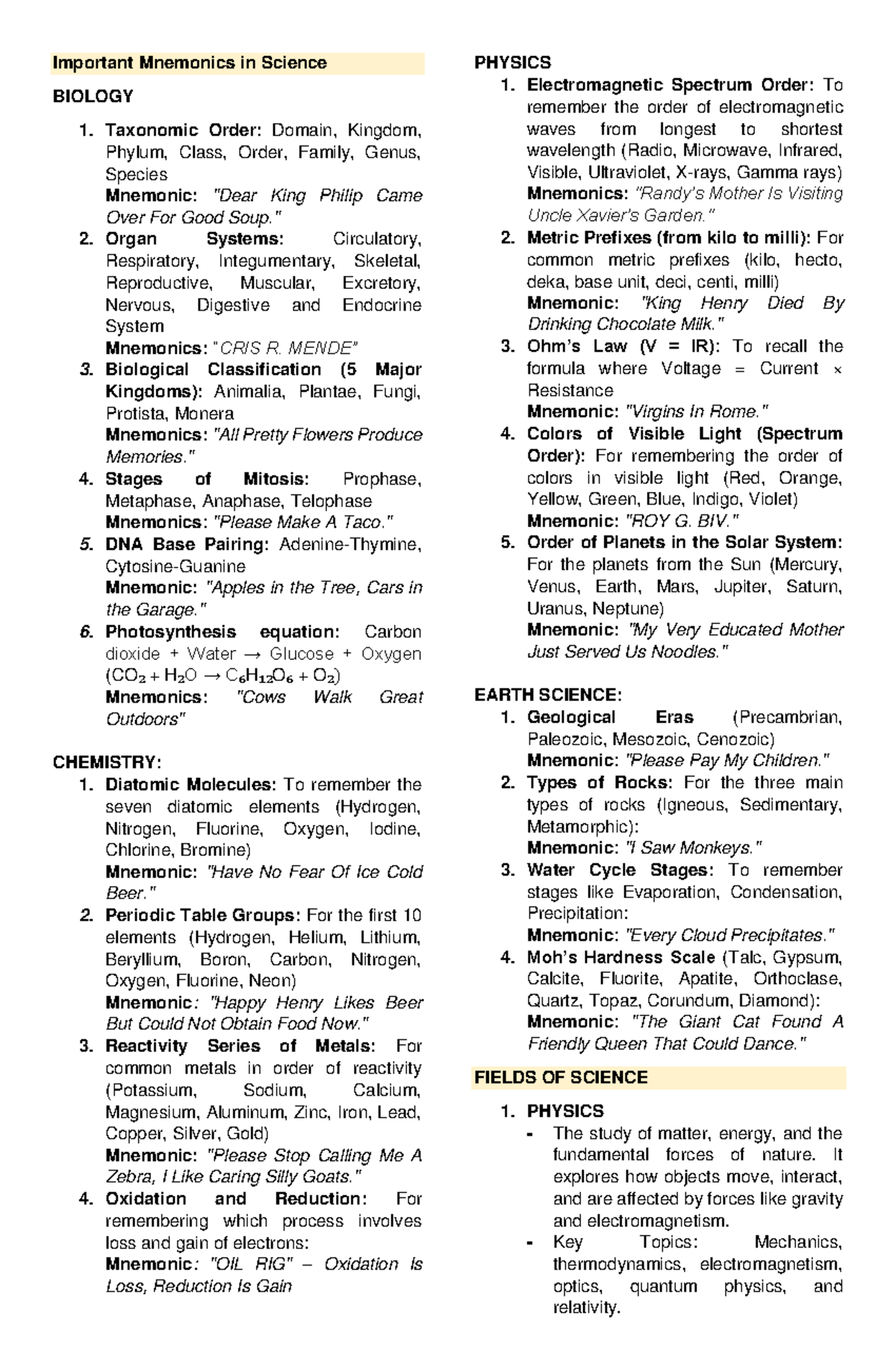 BIO101: Important Mnemonics in Science Notes for Biology & Chemistry ...