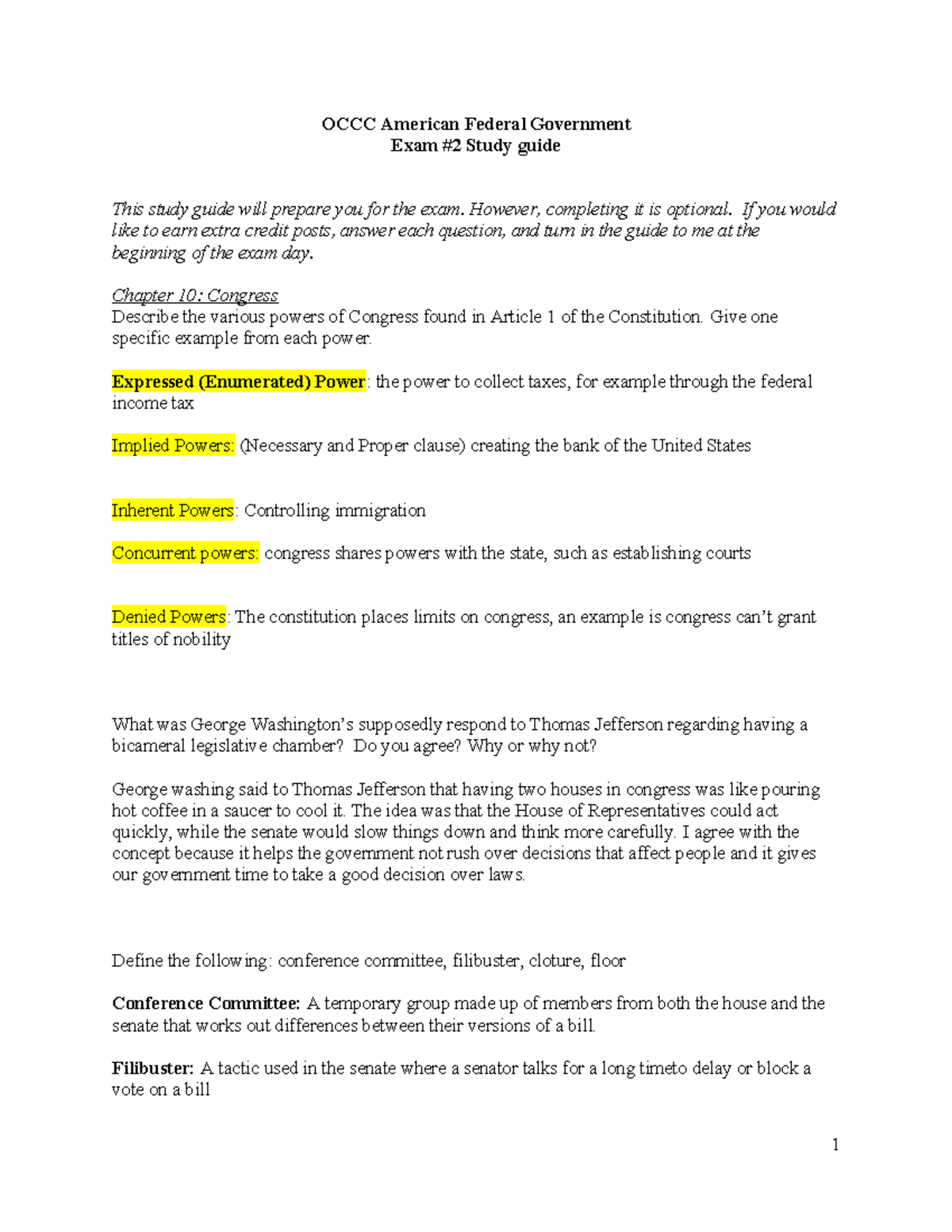 OCCC American Federal Government Exam #2 Study Guide - Studocu