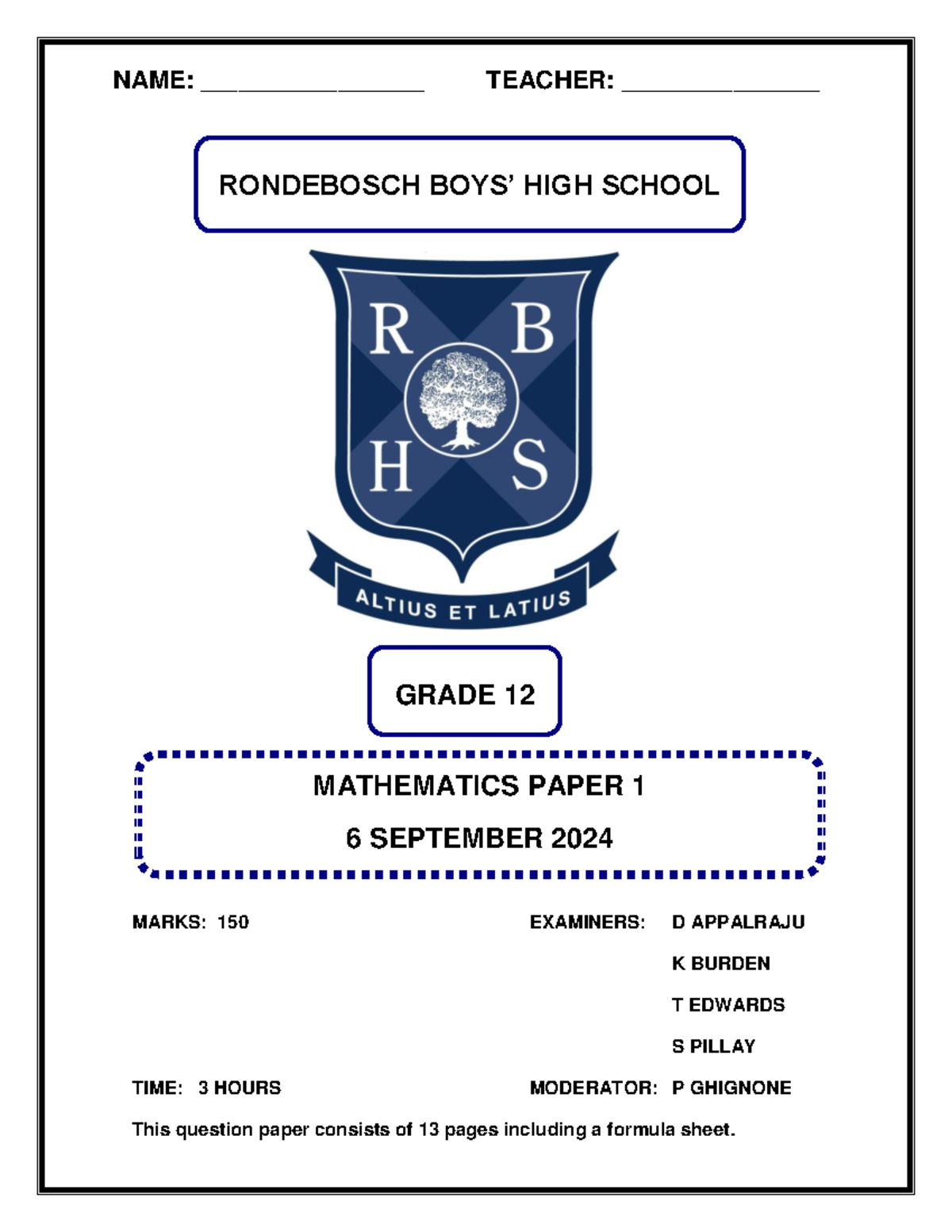 Gr12 Mathematics P1 Past Exam Paper - RBHS September 2024 - Studocu