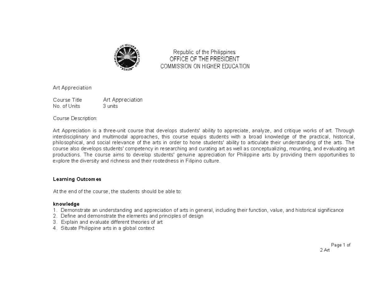 CHED Course Syllabus: Art Appreciation (3 Units) - Comprehensive ...