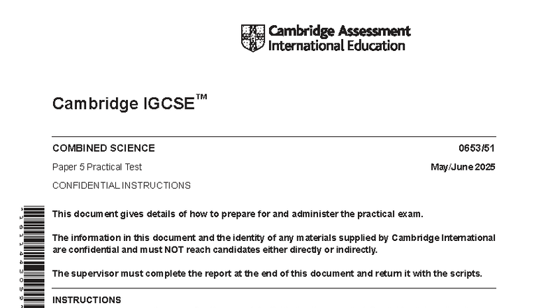 Cambridge Combined Science 0653/51 Practical Test Instructions 2025 ...
