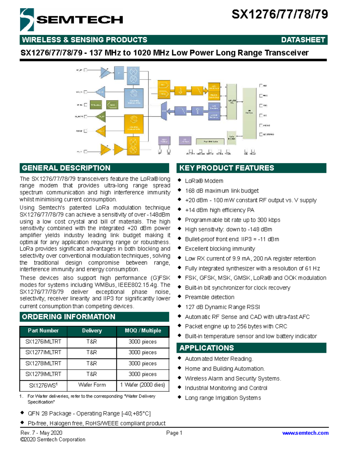 SX1276 Wireless Sensing Products Datasheet: Low Power Transceiver - Studocu