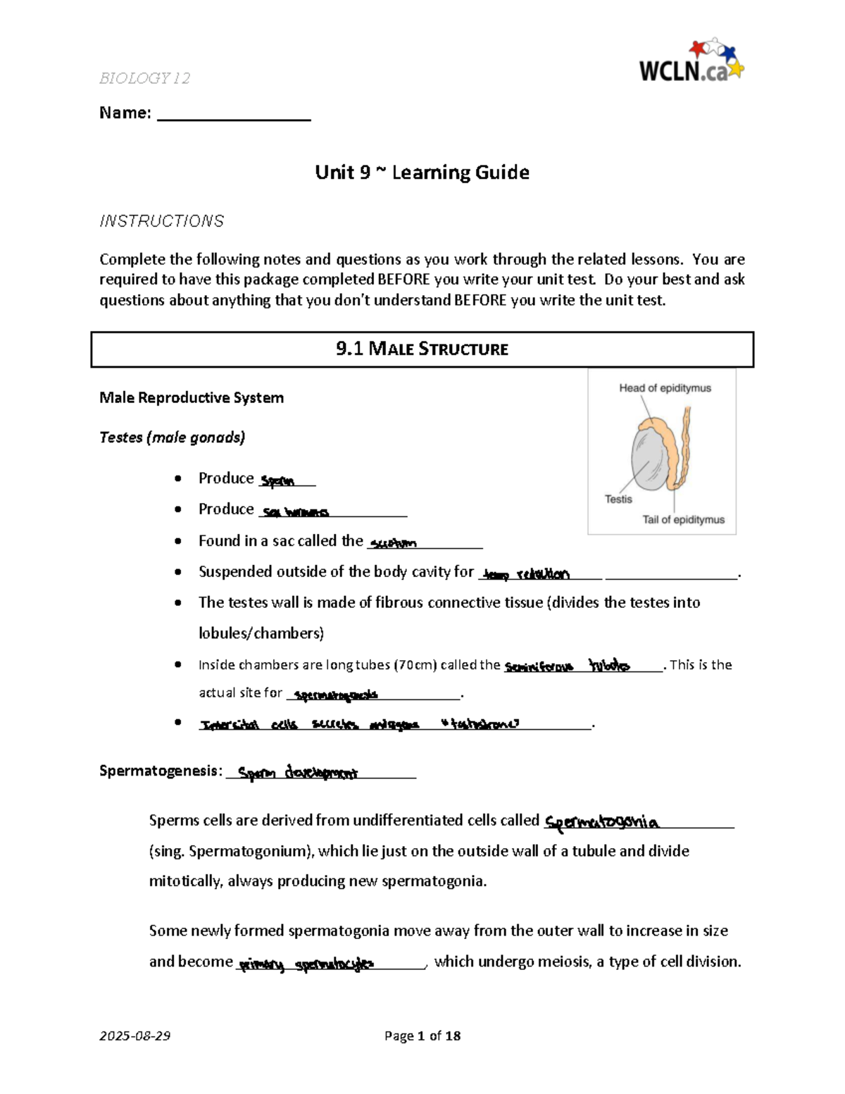 Biology 12 Unit 9 Learning Guide: Reproductive Systems Overview - Studocu