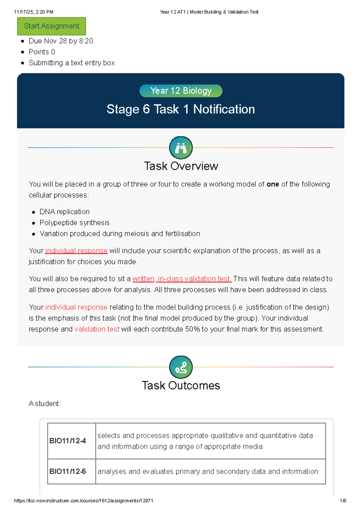 Year 12 Biology AT1 Model Building & Validation Test Guide - Studocu