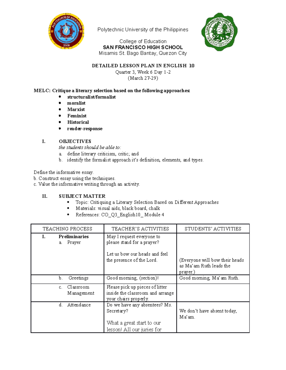 Detailed Lesson Plan in Literary Criticism - College of Education SAN ...