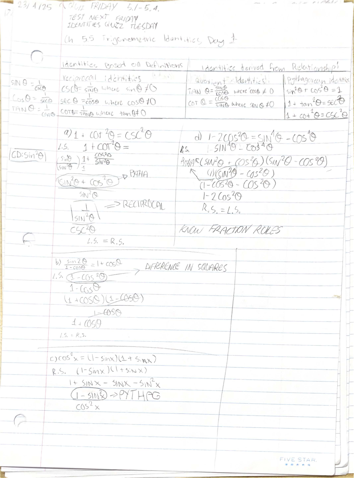 Trigonometric Identities Quiz Notes (MATH 7) - Chapter 5.5 - Studocu