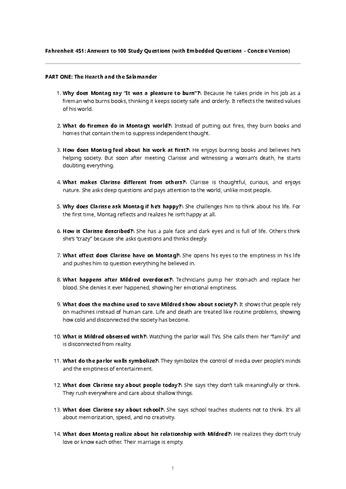 Fahrenheit 451 (ENG 101): Comprehensive Q&A for Study Guide - Studocu