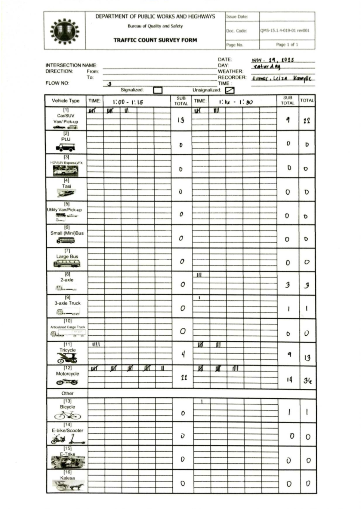 Traffic Count Survey Form - DPWH Rev001 Data Collection - Studocu