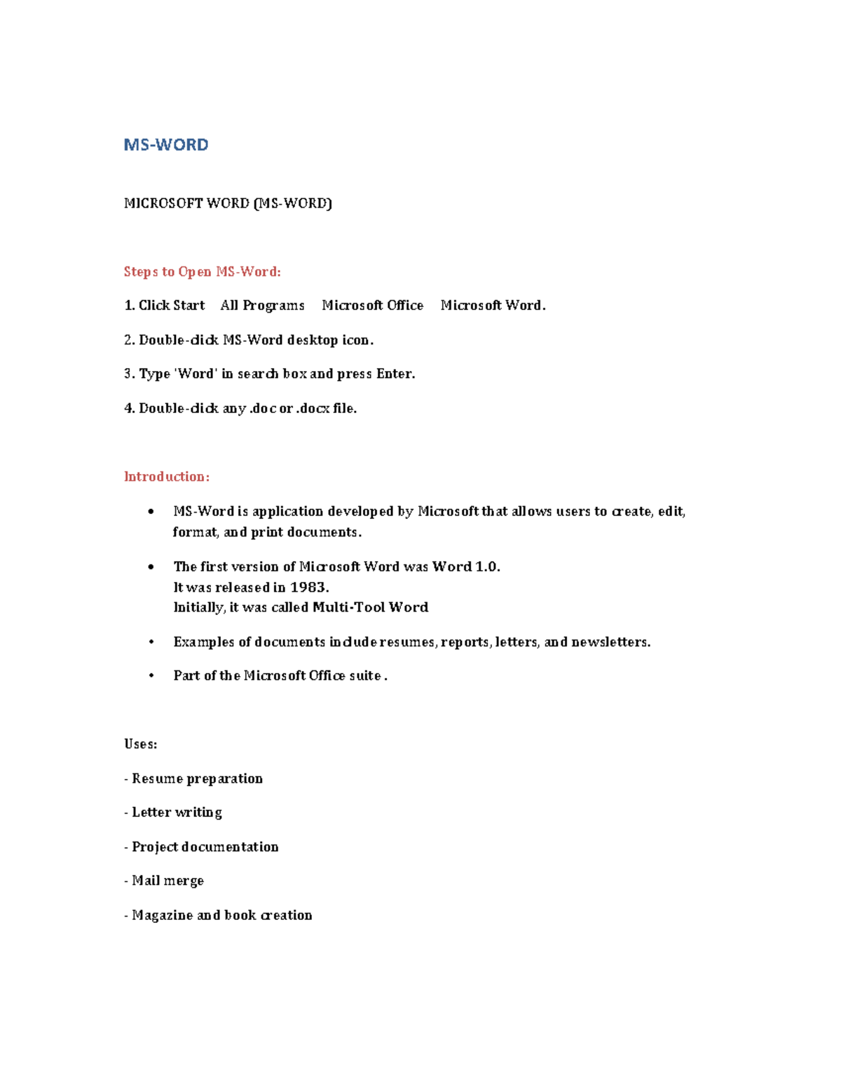 Unit-4: MS Word & MS Excel Detailed Study Notes - Studocu