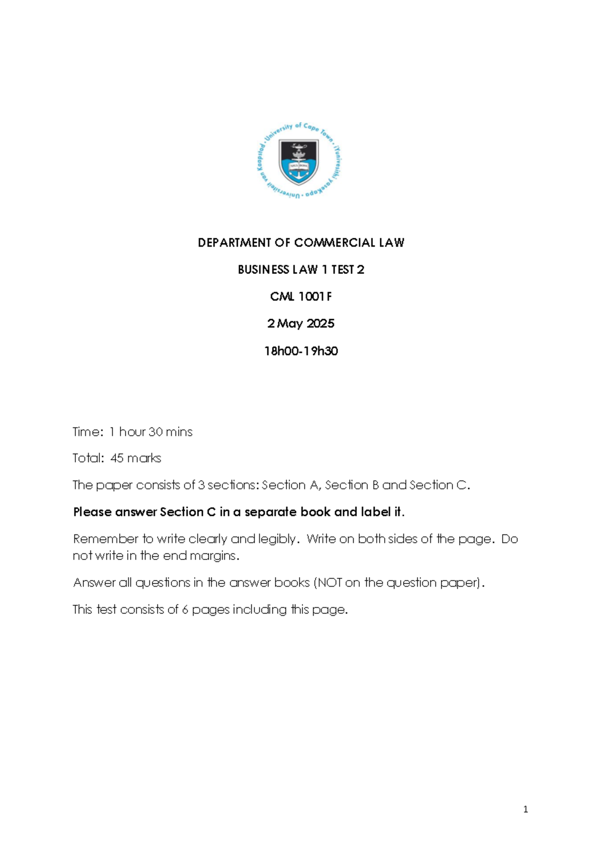 CML 1001F 2025 Business Law 1 Test 2 - Key Concepts & Questions - Studocu