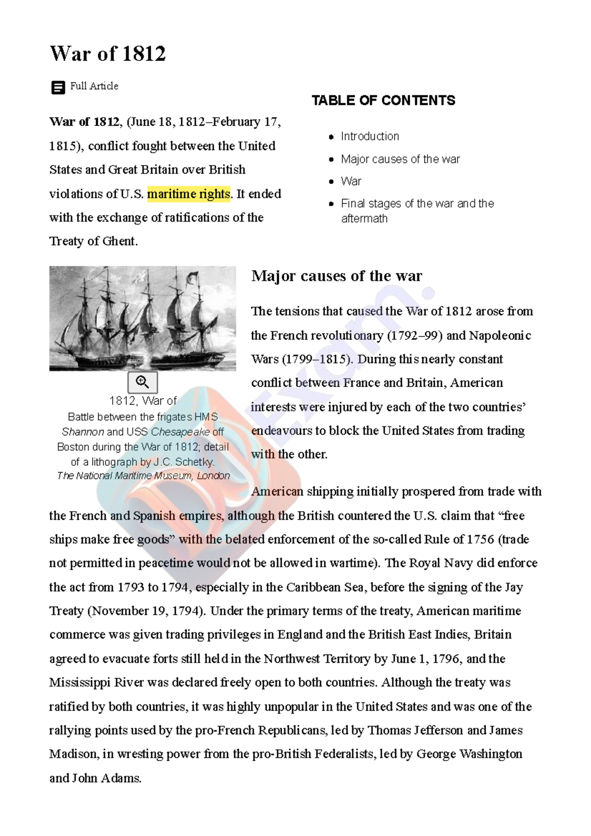 War of 1812: Causes, Events, and Aftermath - USA History Analysis - Studocu