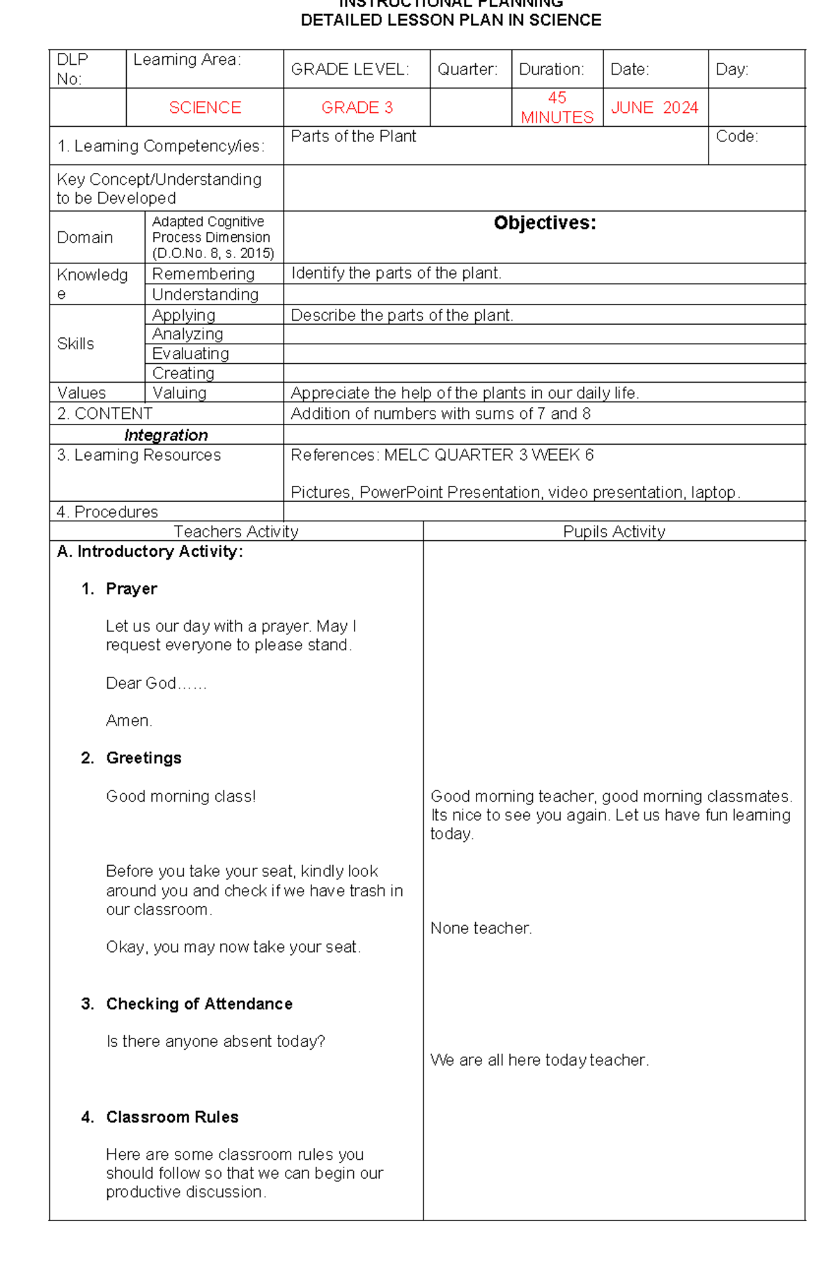 Detailed Lesson Plan (DLP): Numeracy for Grade 3 Science - Studocu