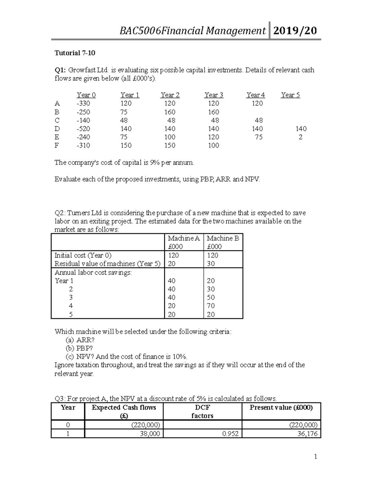 Final Exam Practice Questions on NPV, IRR & PBP Analysis (Course ...