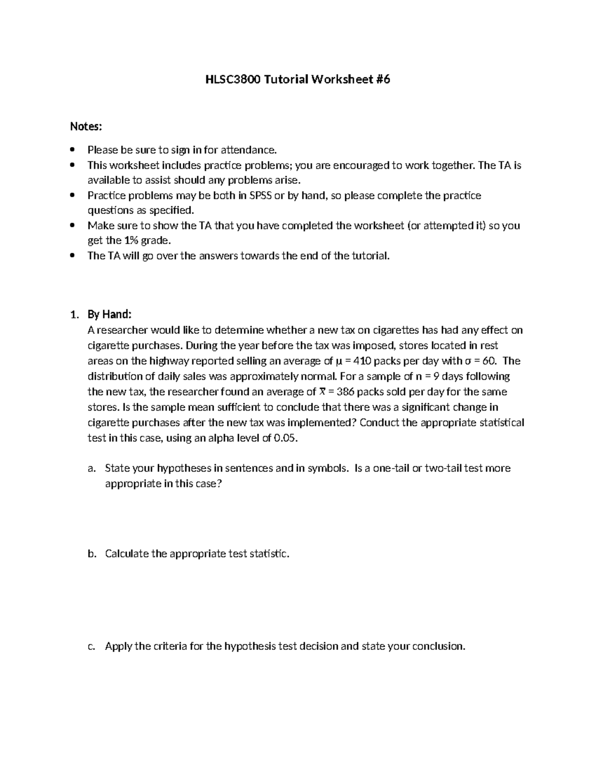 HLSC3800 Tutorial 6: Hypothesis Testing Practice Problems - Studocu