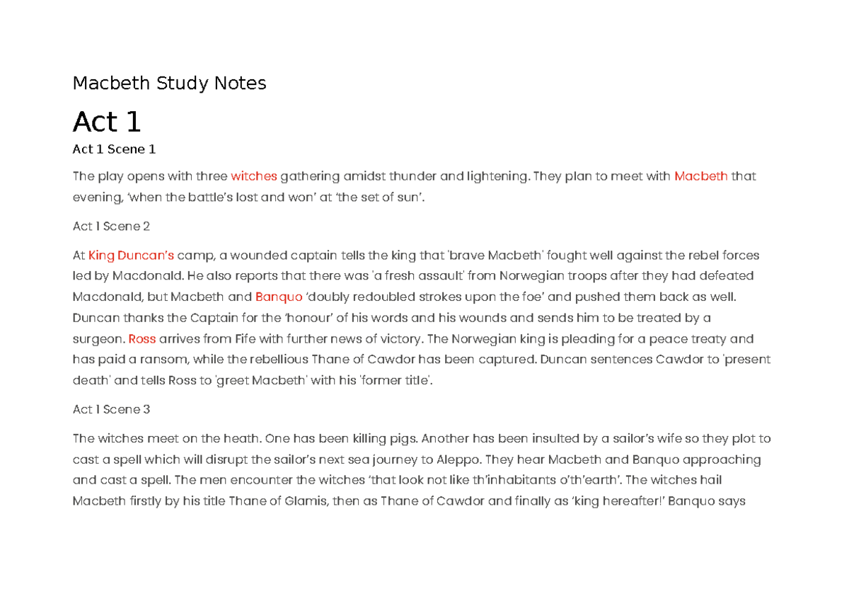 Macbeth Study Notes: Analysis of Act 1 Scenes 1-5 - Studocu
