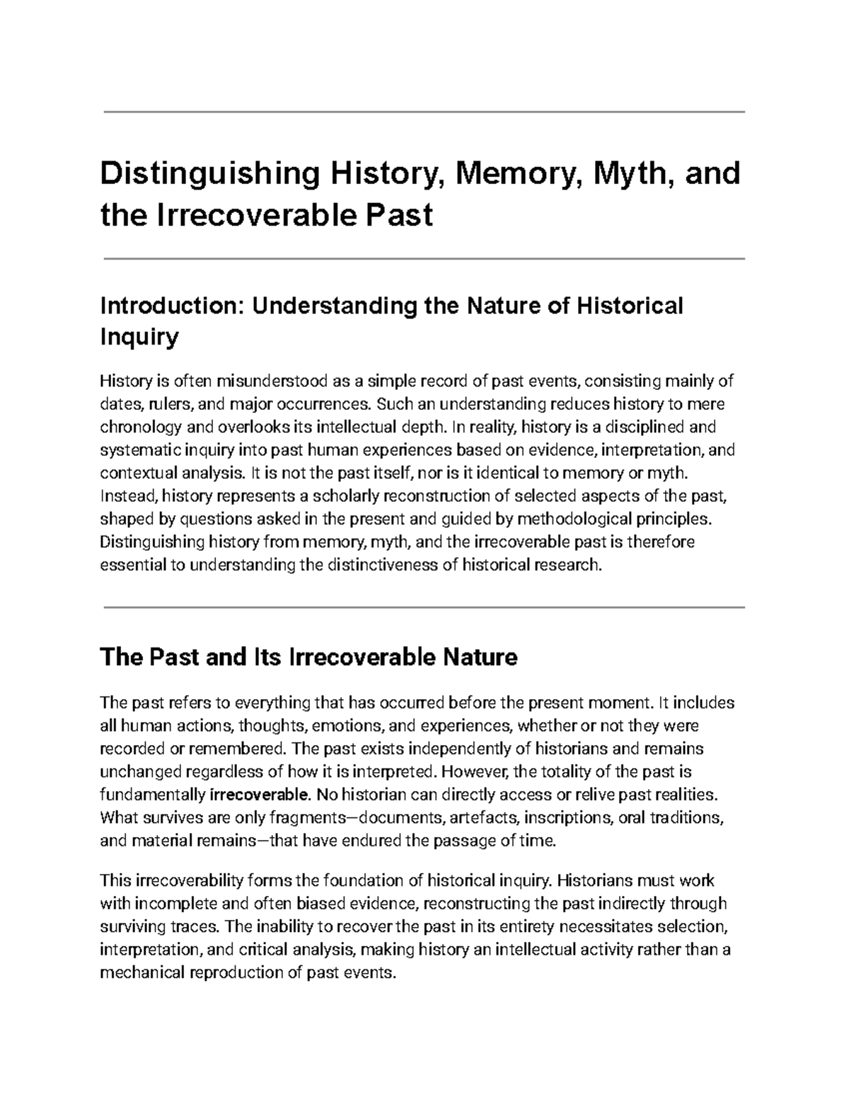 Understanding History: Distinctions from Memory, Myth, and the Past ...