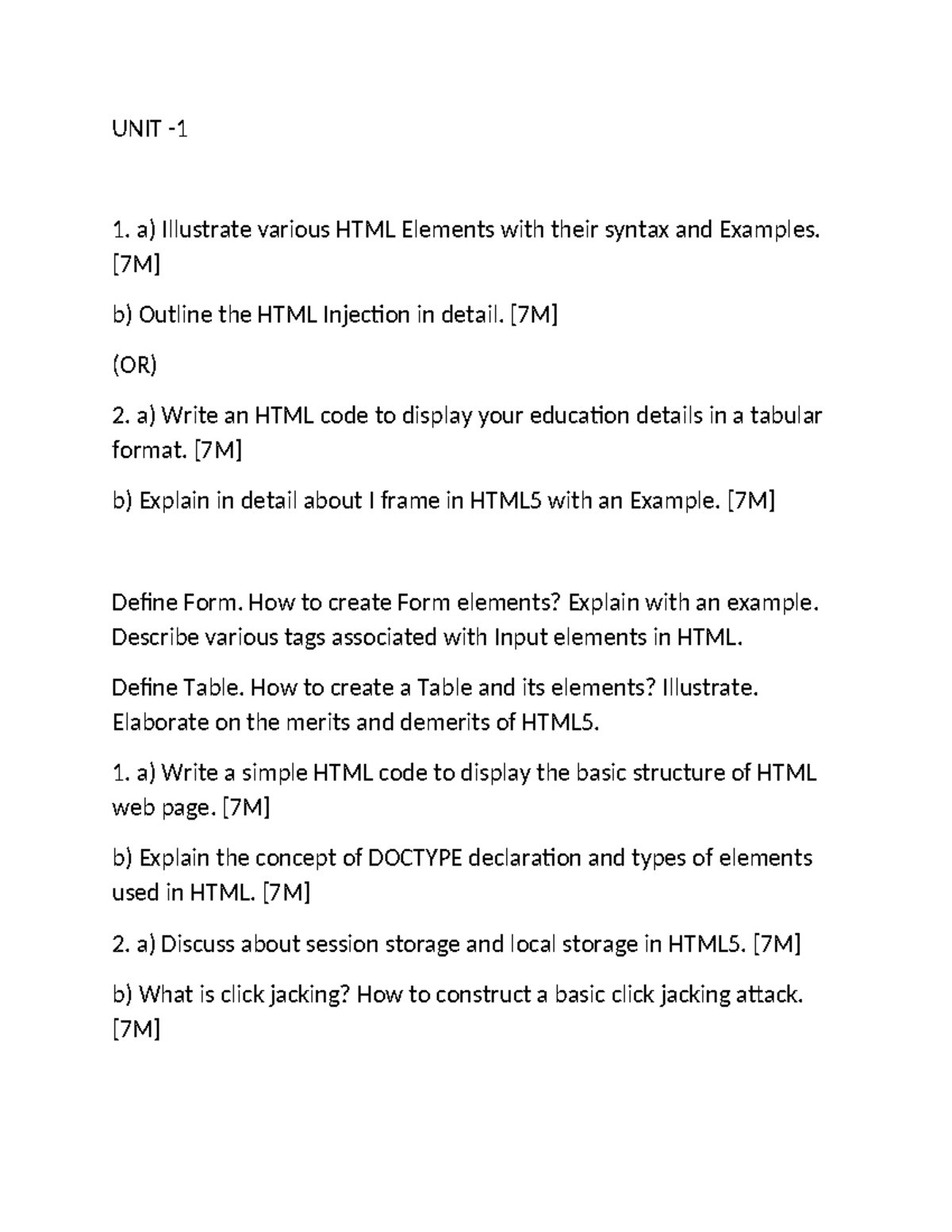 Unit Wise Questions - HTML, JavaScript, Node & Angular Topics - Studocu