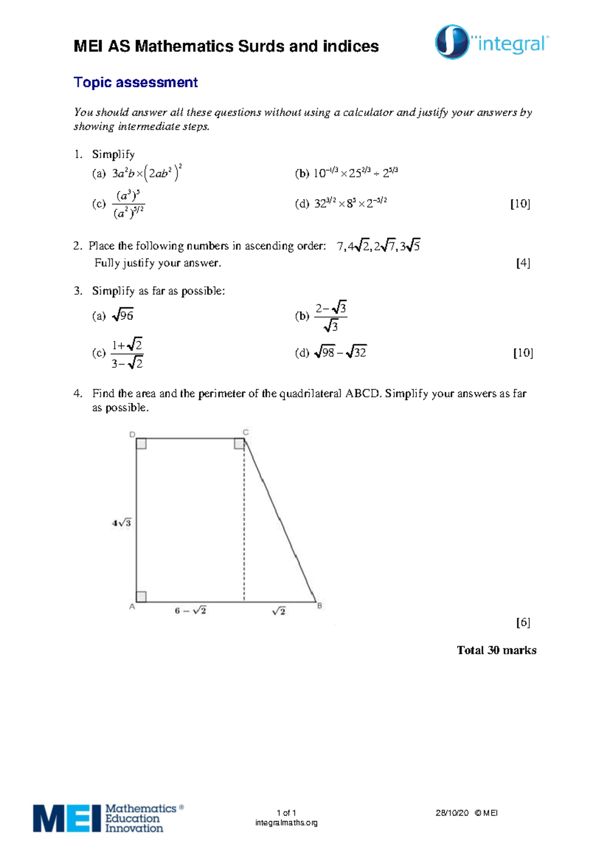 HW1: Surds & Indices Assessment for MEI AS Mathematics - Studocu