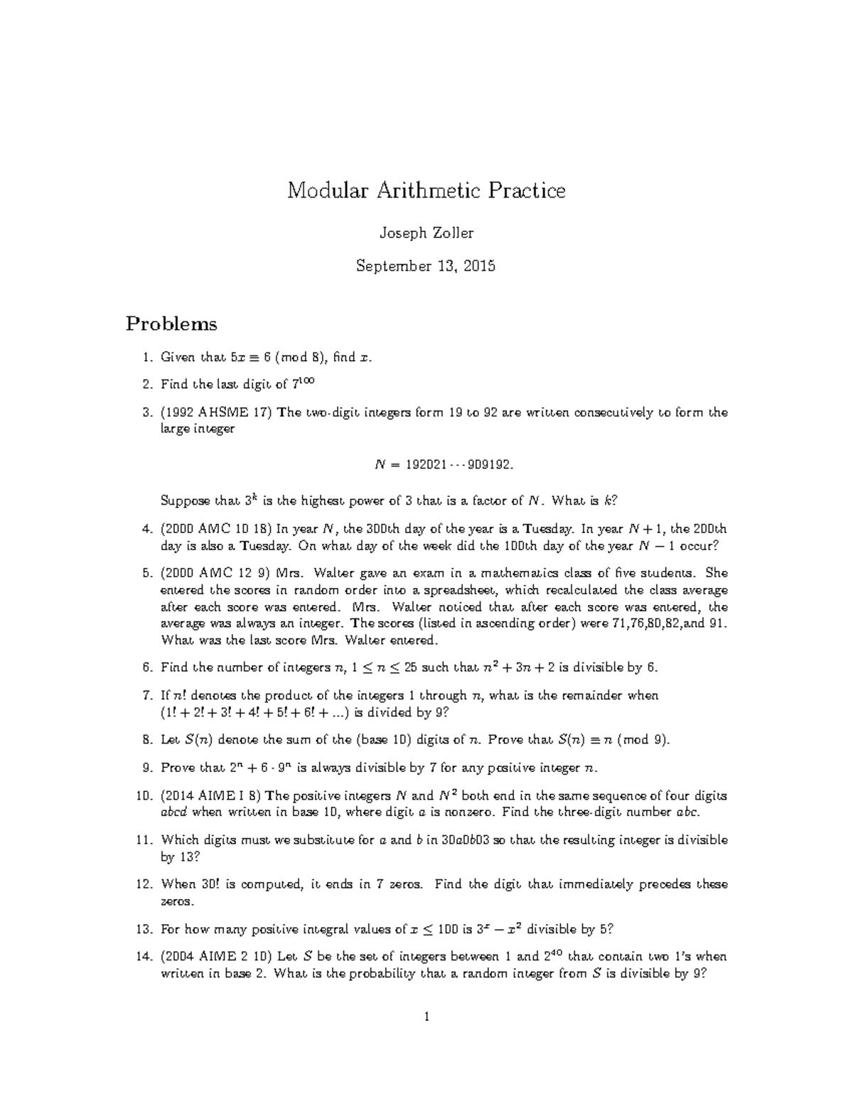 Modular Arithmetic Practice Problems - Number Theory 09/13/15 - Studocu