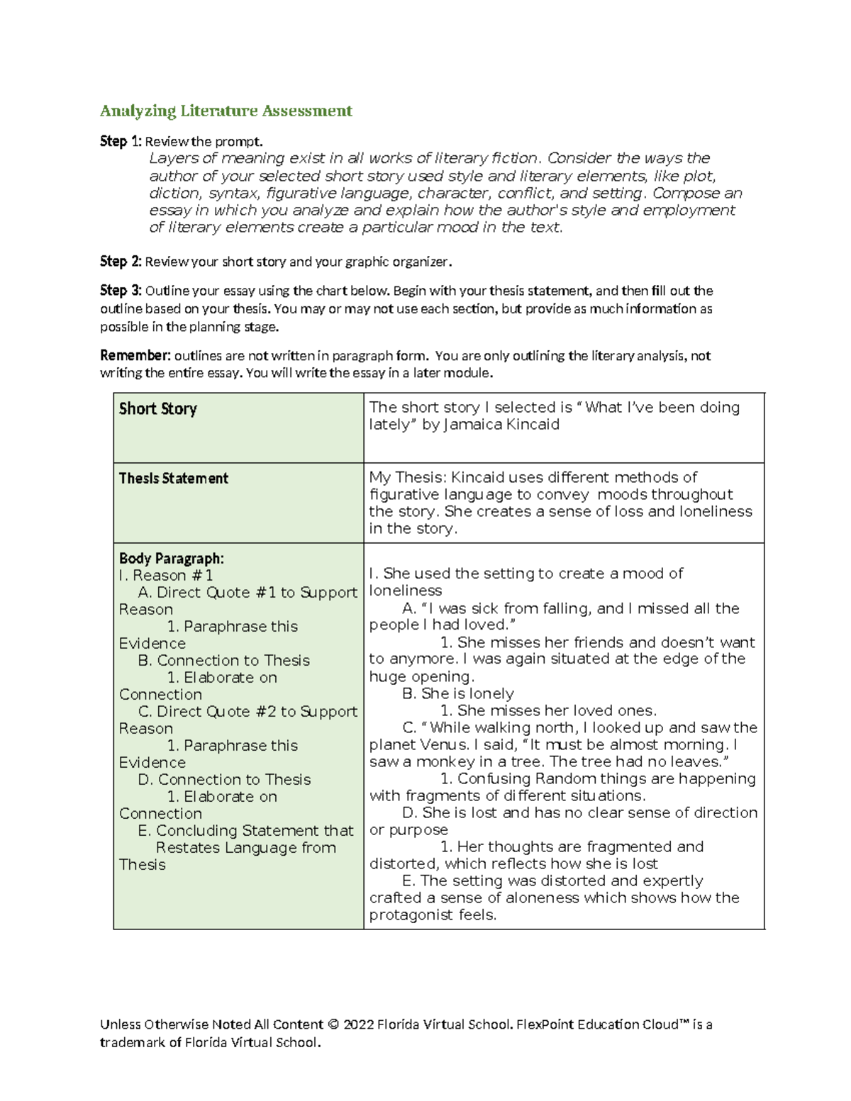 English Short Story Outline - Analyzing Literature Assessment Step 1 ...