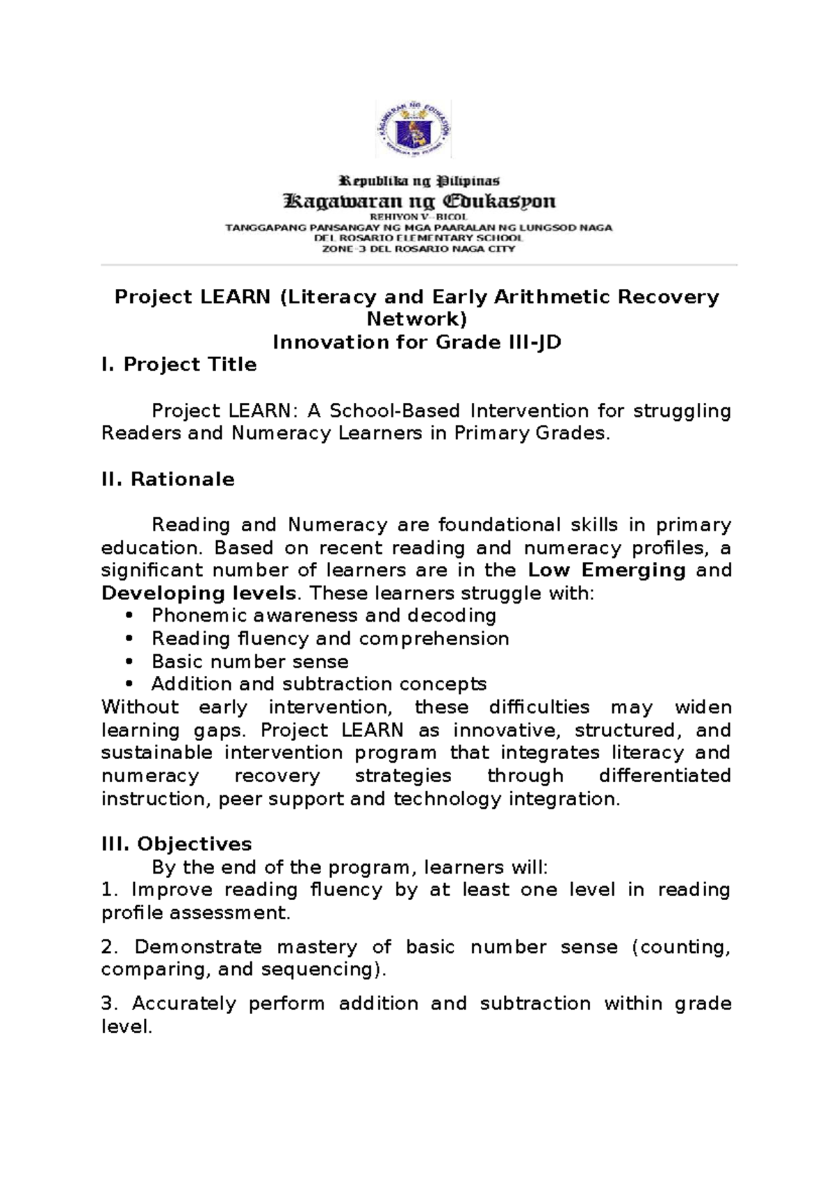Project Proposal LEARN: Innovative Literacy & Numeracy Intervention for ...