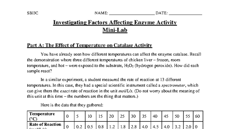 SBI3C Mini Lab: Effects of Temp & pH on Enzyme Activity - Studocu