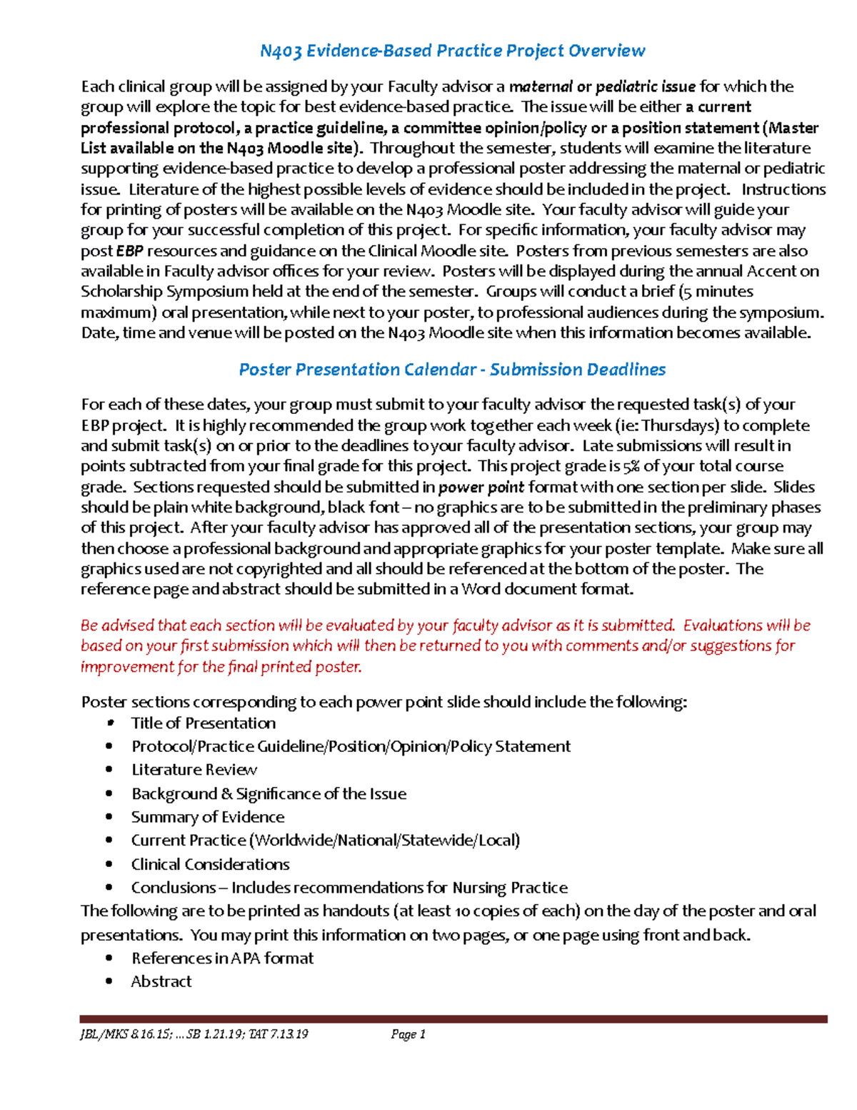 EBP Project Guidelines, Rubric, Schedule FA19 - N403 Evidence-Based ...