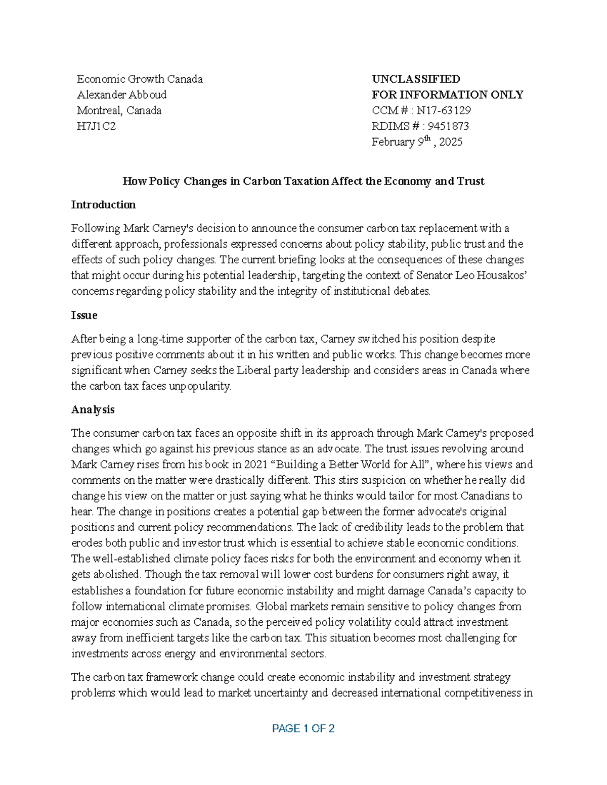 Economic Growth & Carbon Tax Policy Changes in Canada - Briefing Notes ...