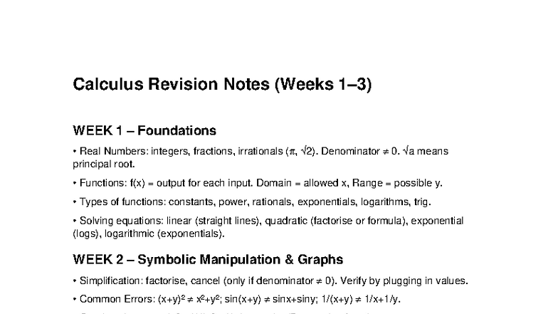 Calculus Revision Notes: Weeks 1-3 Overview - Studocu