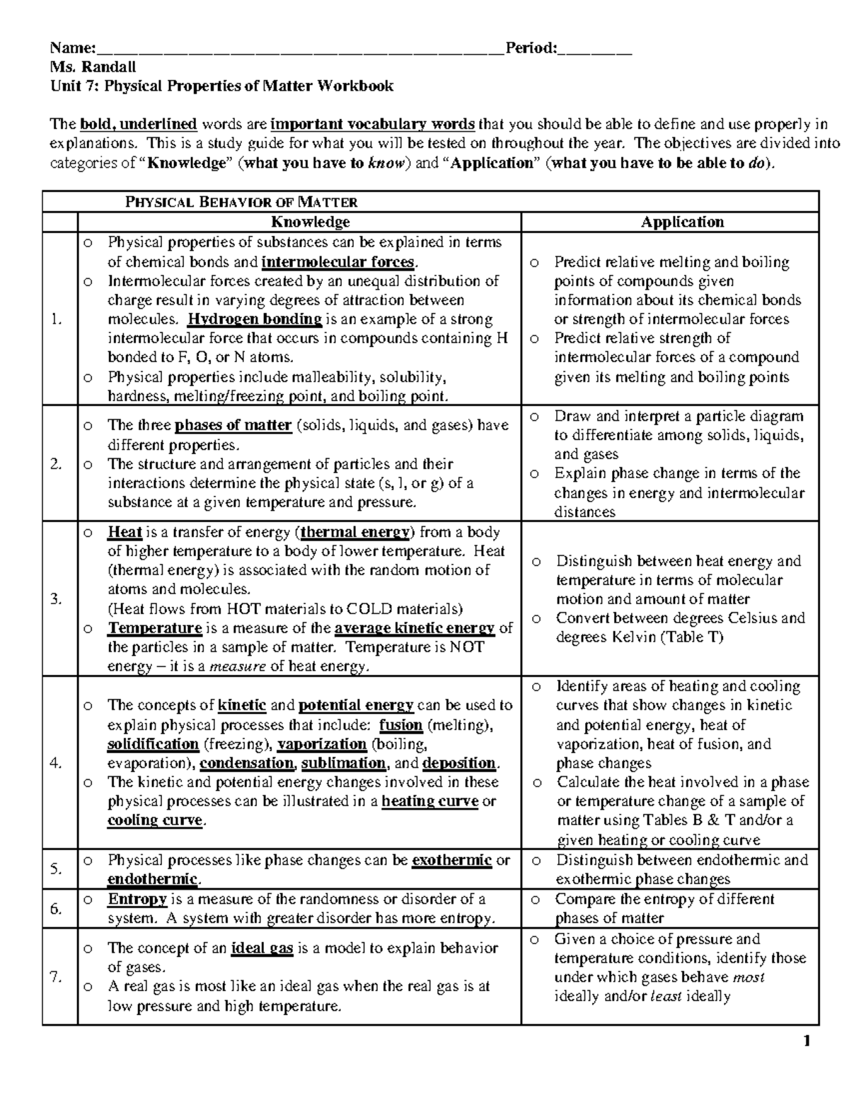 Unit 7 physical properties of matter student workbook 2017-2018 - 1 ...