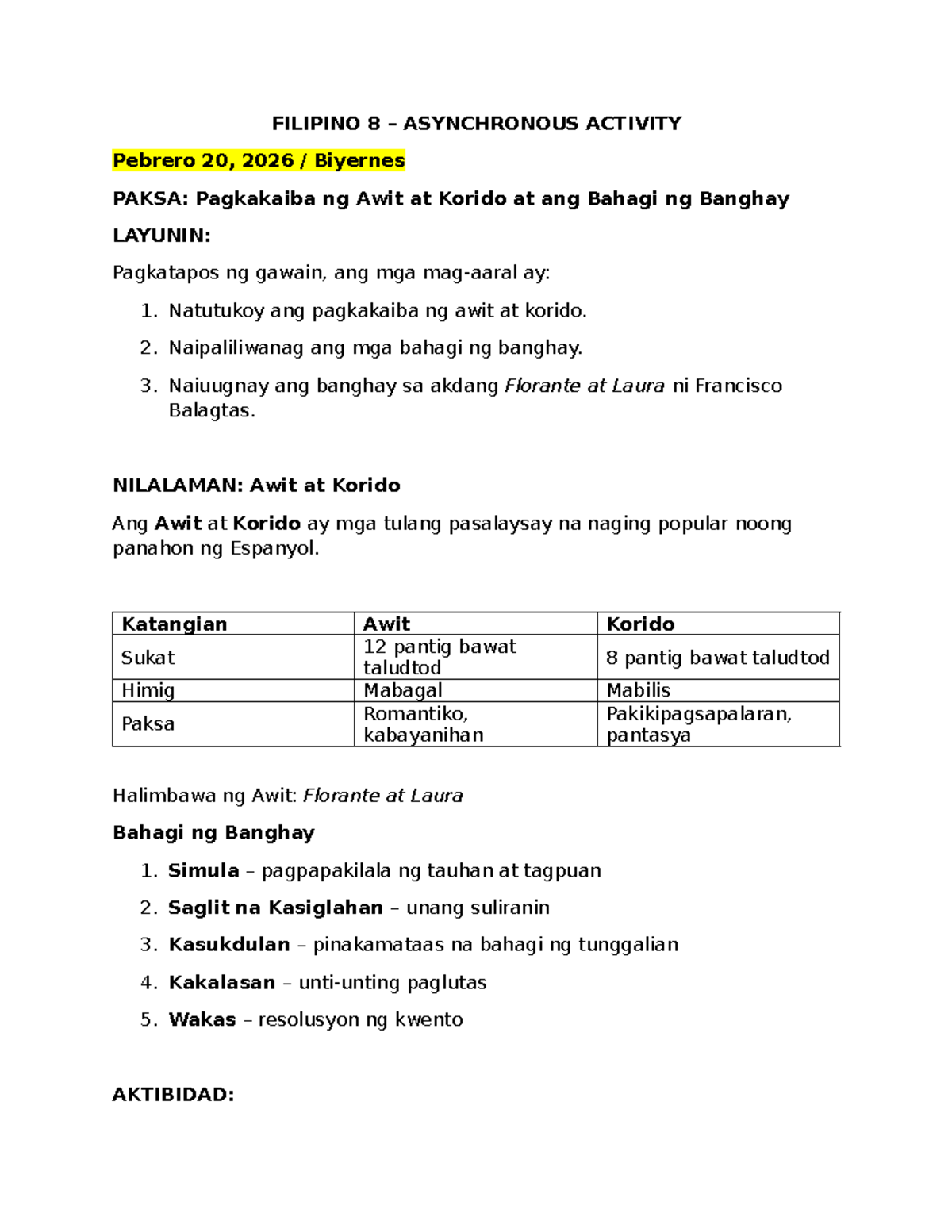 FILIPINO 8 ASYNCHRONOUS ACTIVITY: Awit at Korido sa Banghay ng Florante ...