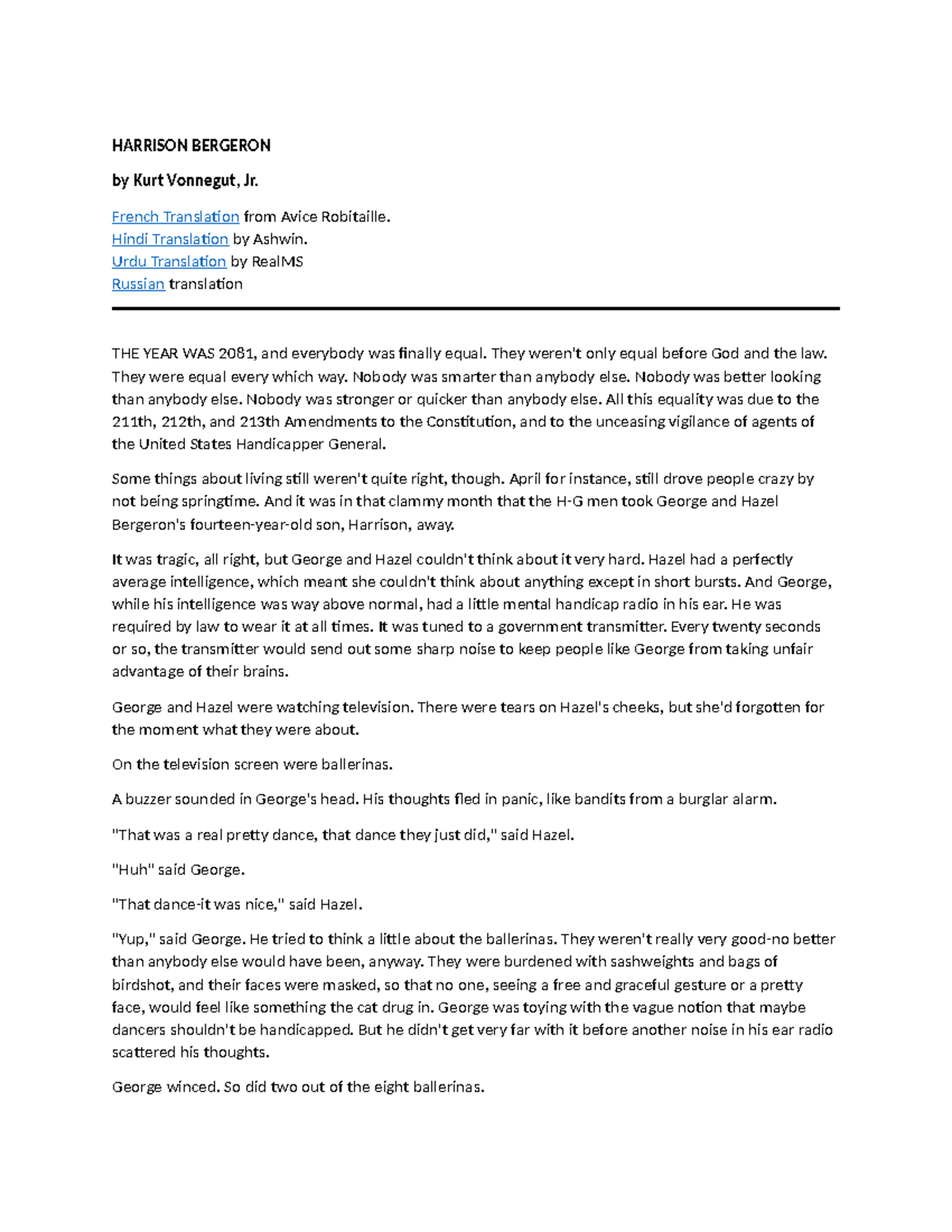 Harrison Bergeron: A Study of Equality and Dystopia (ENG 101) - Studocu
