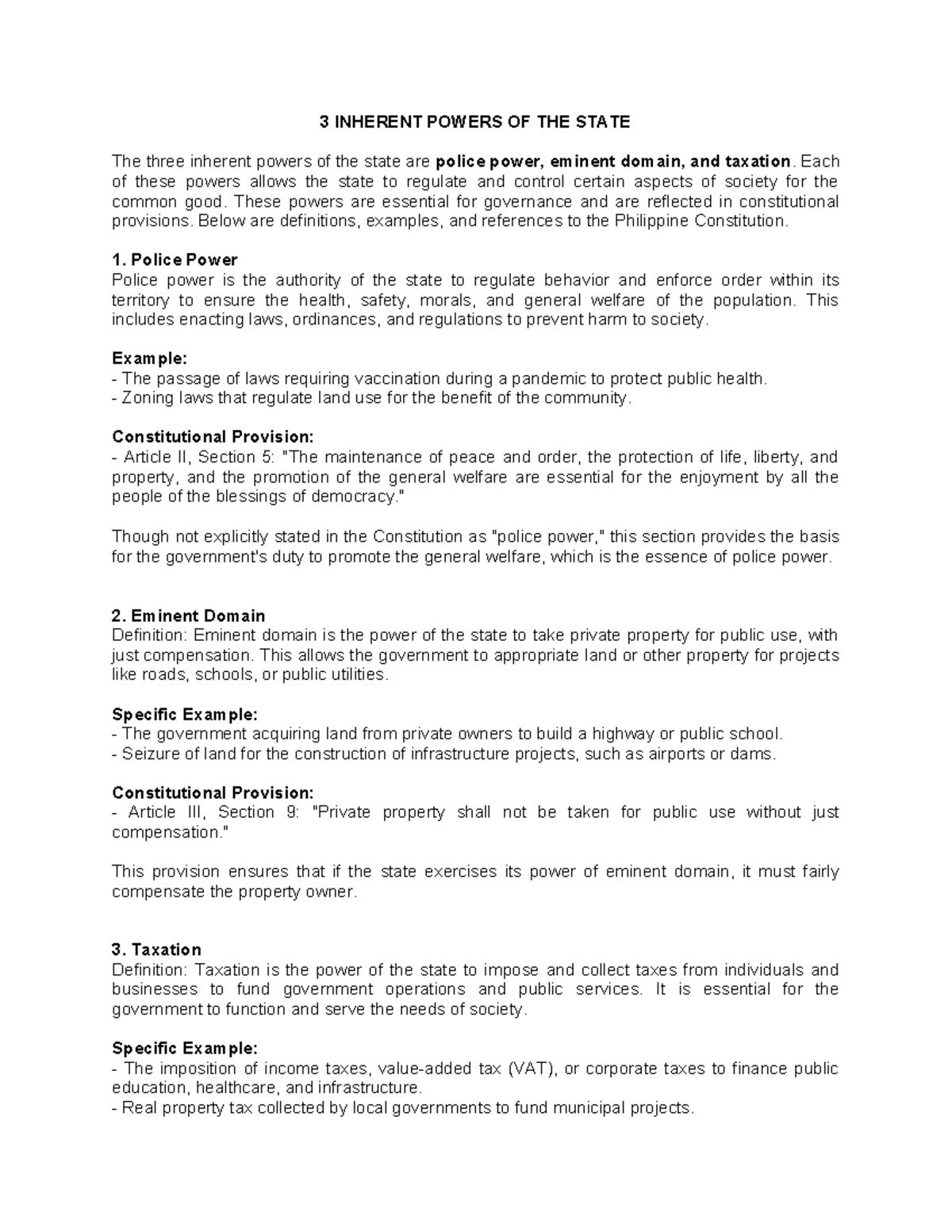 3 Inherent Powers of the State: Police Power, Eminent Domain, Taxation ...