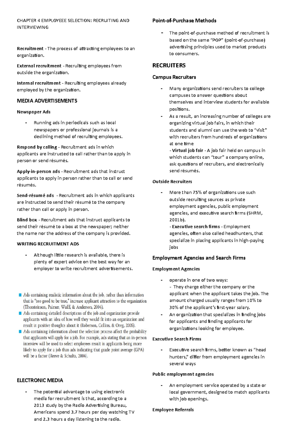 Chapter 4 Employeee Selection - CHAPTER 4 EMPLOYEEE SELECTION: RECRUITING AND INTERVIEWING - Studocu