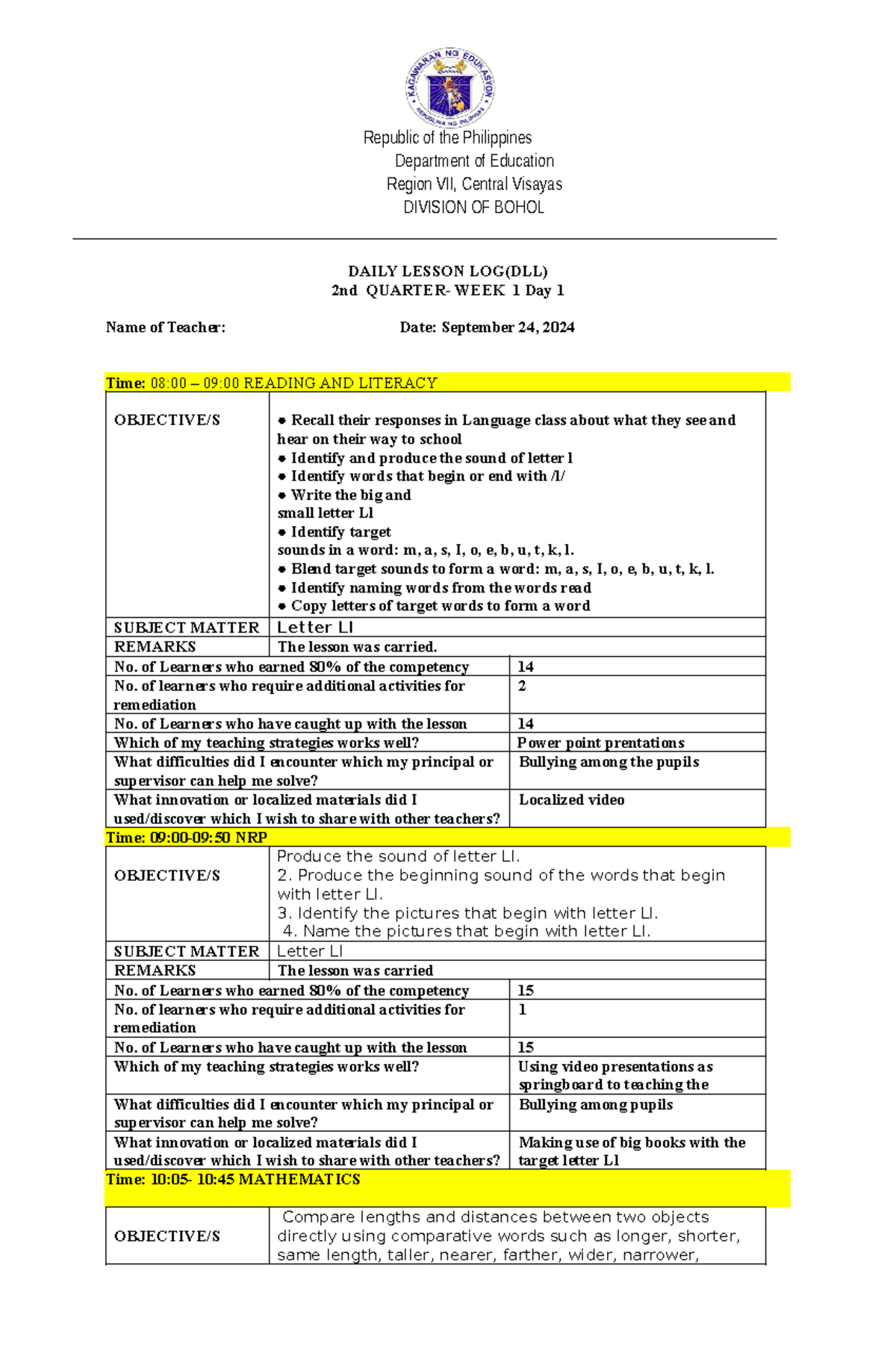 2nd Quarter Reflection: Daily Lesson Log (DLL) Week 1 Day 1 - Studocu