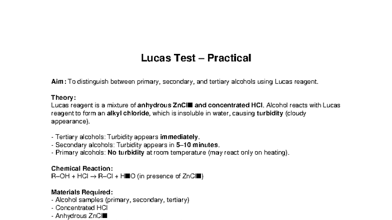 Lucas Test Practical-1: Distinguishing Alcohol Types Using Reagent ...
