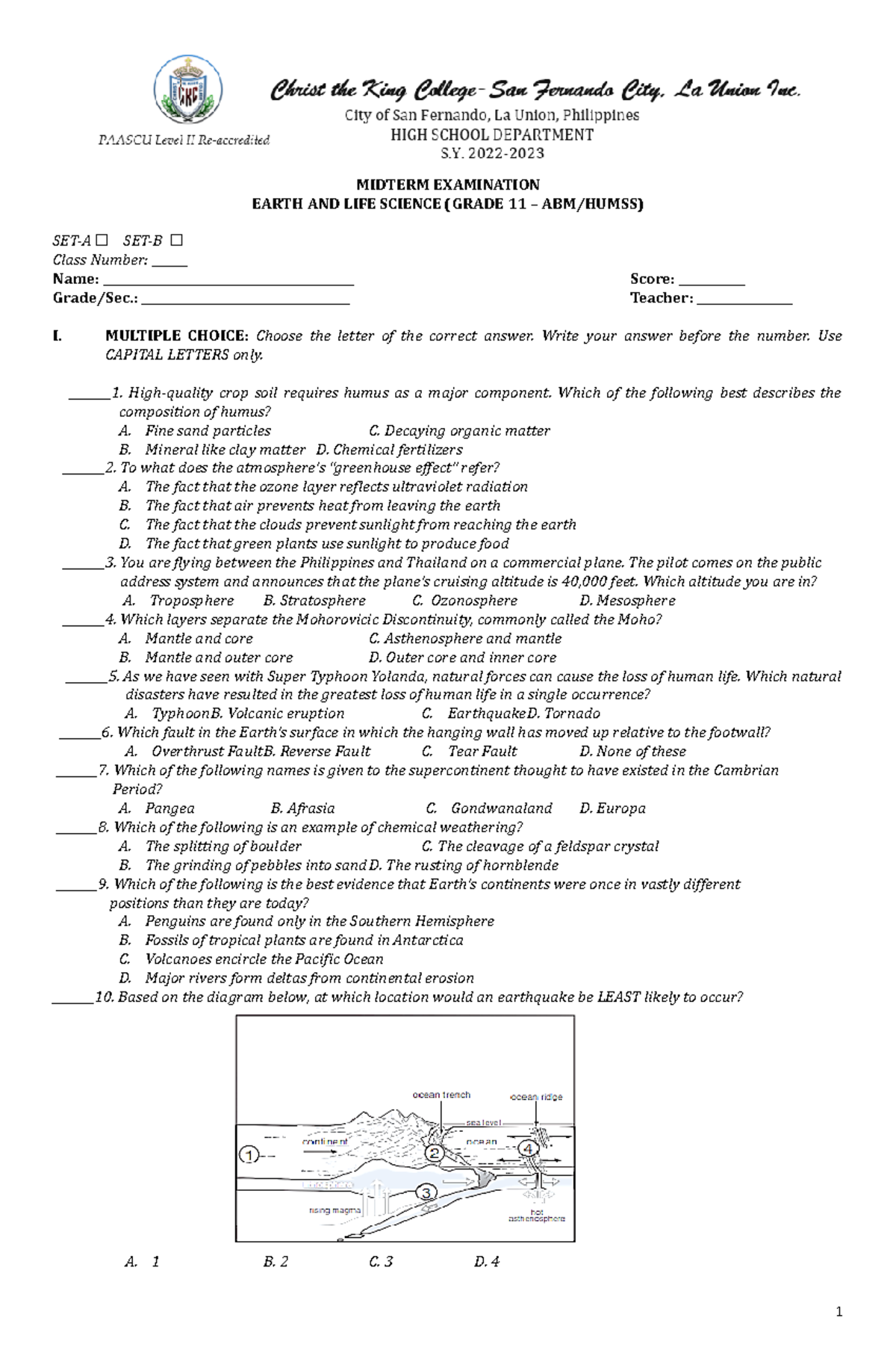 Earth and Life Science Midterm Exam (Grade 11 – ABM/HUMSS) - Studocu