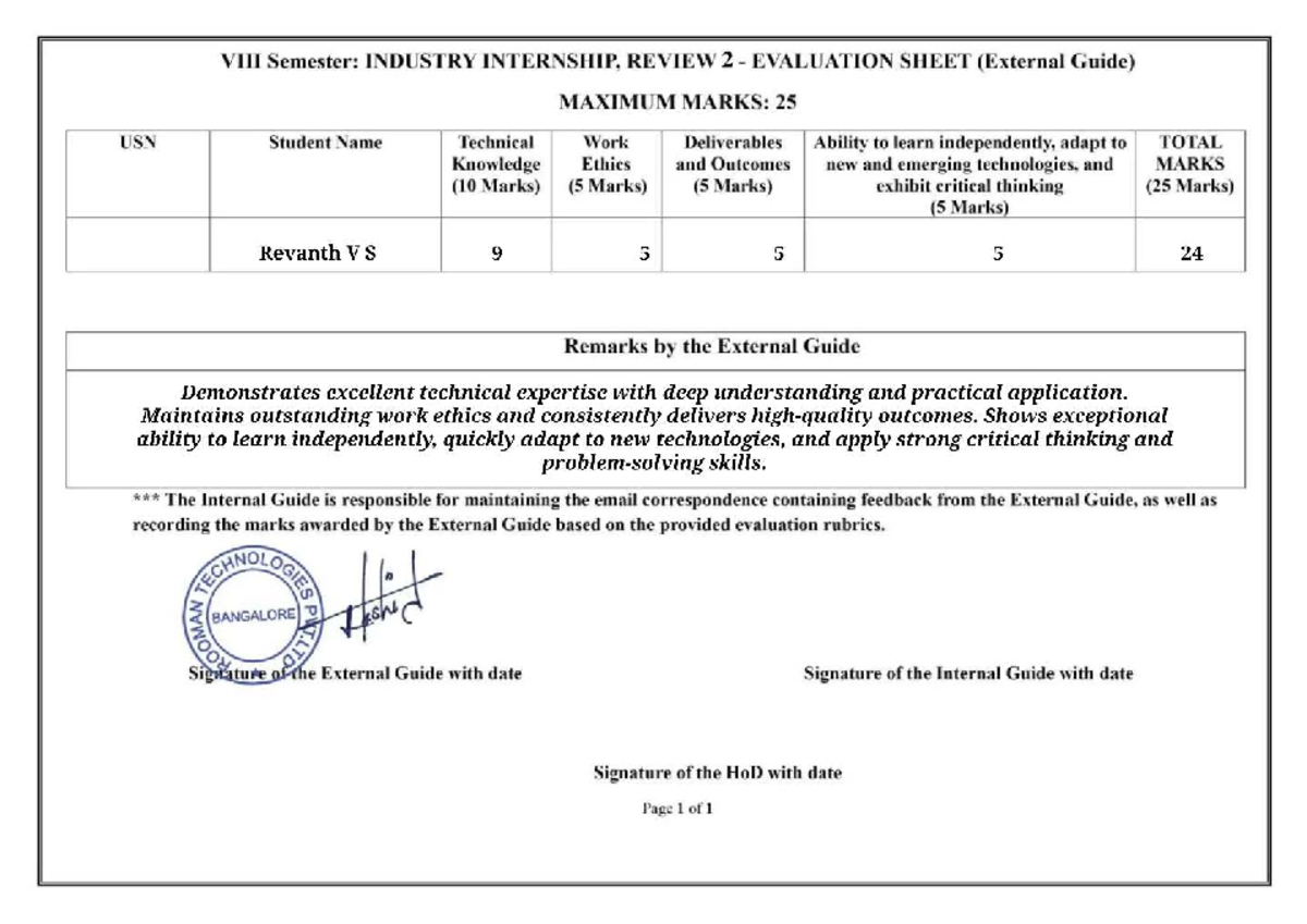INDUSTRY INTERNSHIP REVIEW 2 EVALUATION SHEET - Revanth V S - Studocu