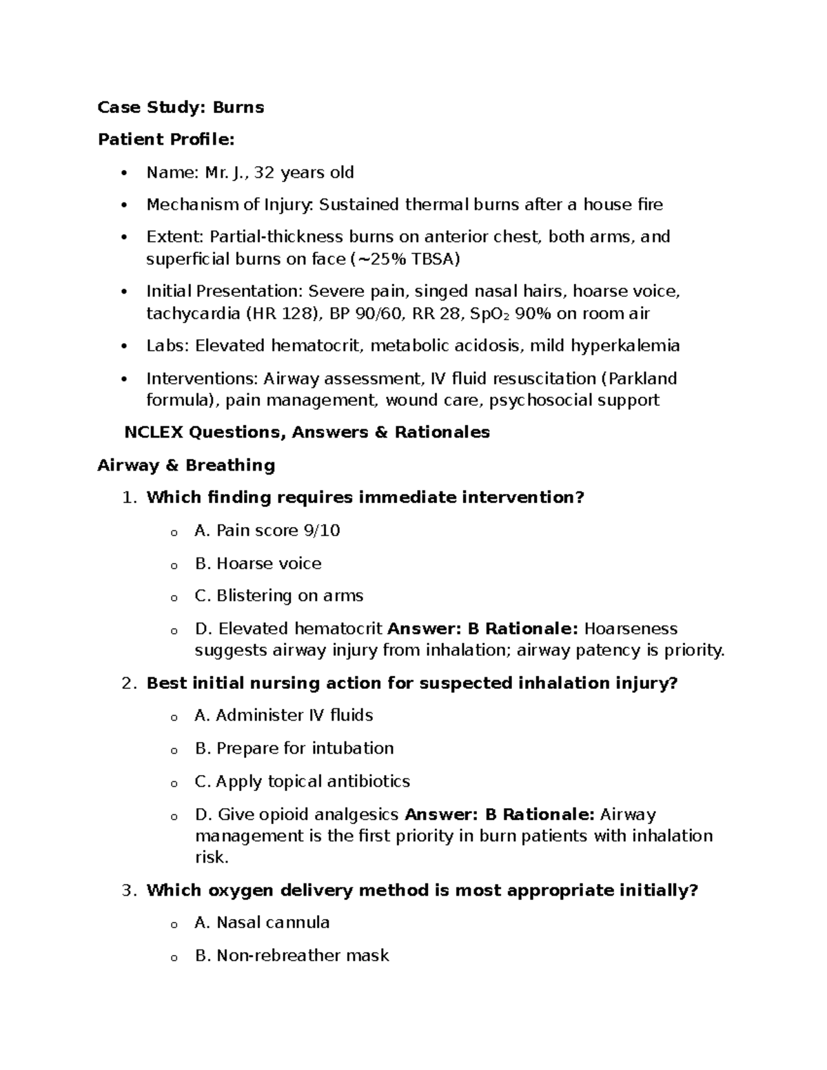 Burn Case Study: Mr. J.'s Thermal Injury Profile and NCLEX Review - Studocu