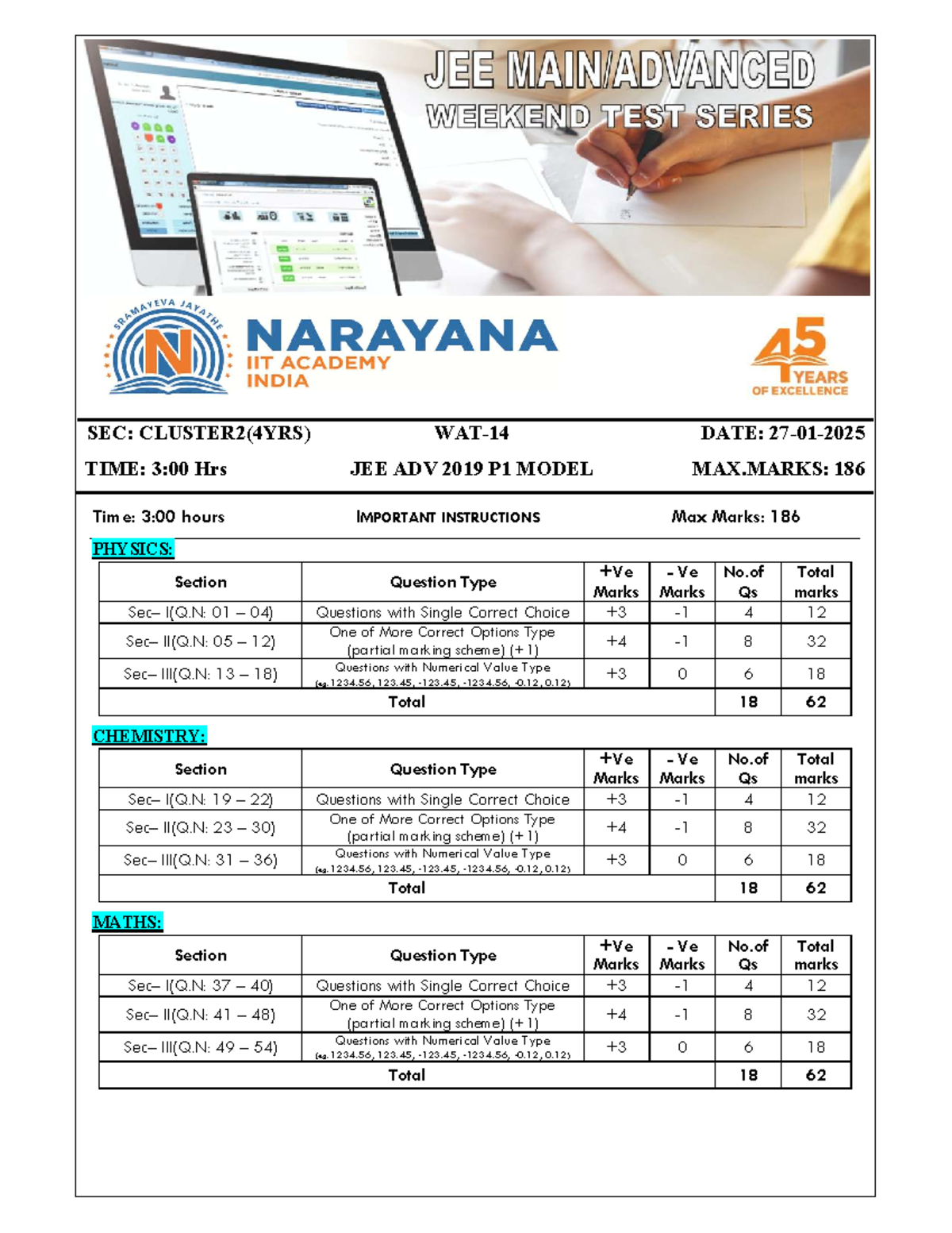 Cluster 2 (4YRS) JEE ADV 2019 P1 Model Question Paper - Studocu