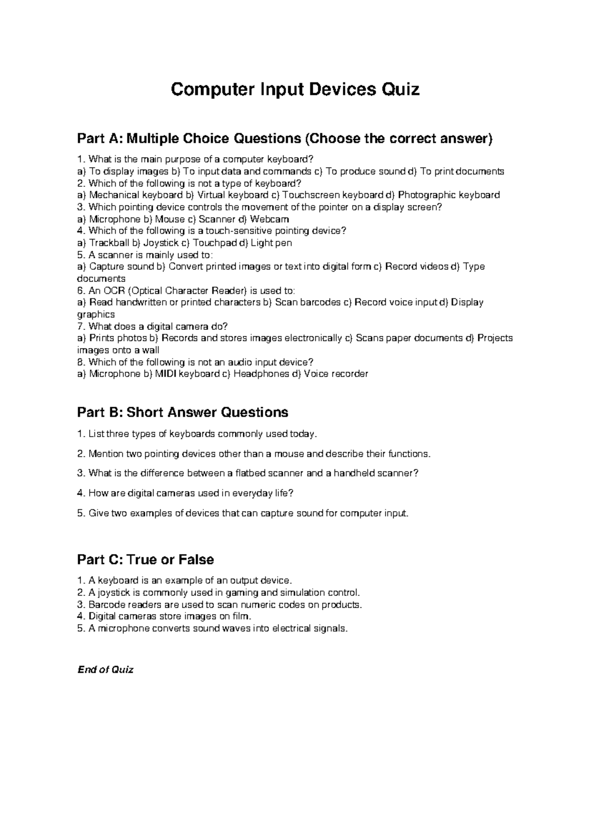 Computer Input Devices Quiz (Part A, B & C) - Studocu