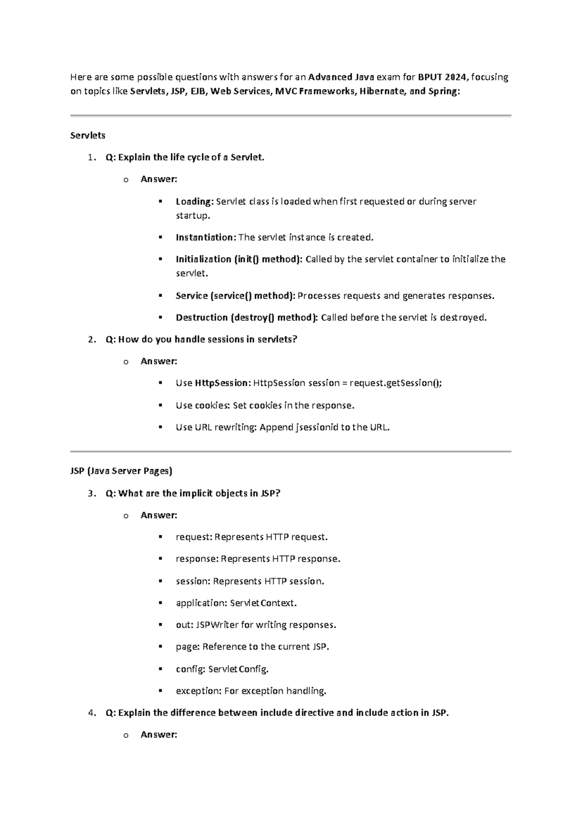 Advanced Java Exam Questions & Answers for BPUT 2024 - Studocu