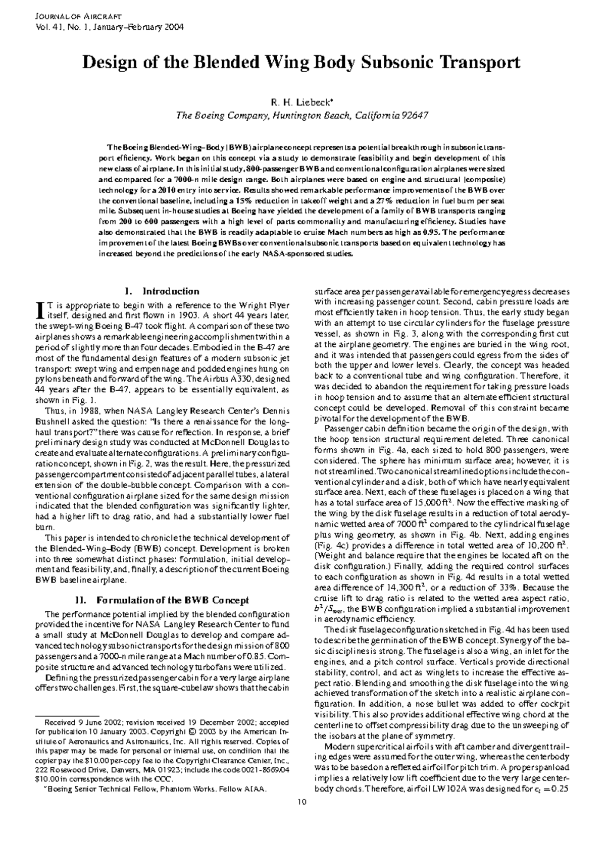 Design of the Blended Wing Body (BWB) Subsonic Transport: A Study - Studocu